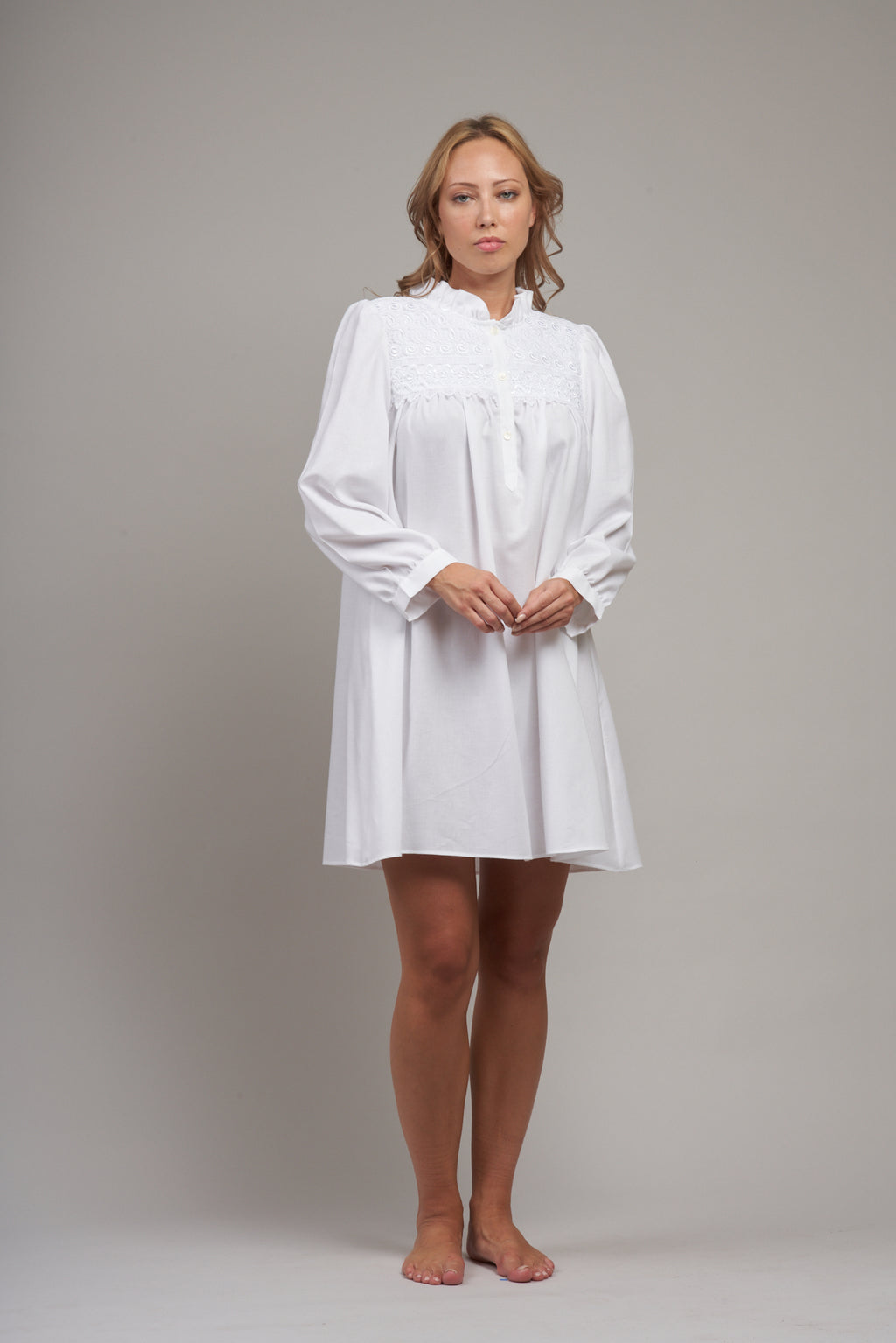 9014 Short gown with ruffle neckline – Priamo Enterprises Inc